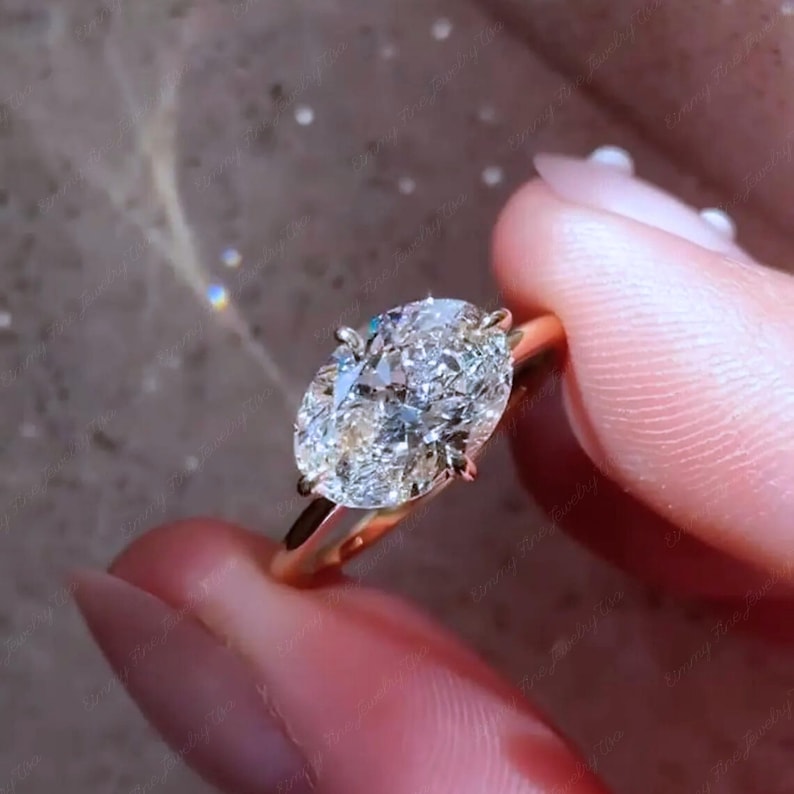 East to West 3 CT Oval Shape Moissanite Engagement Ring, 14K Gold ...