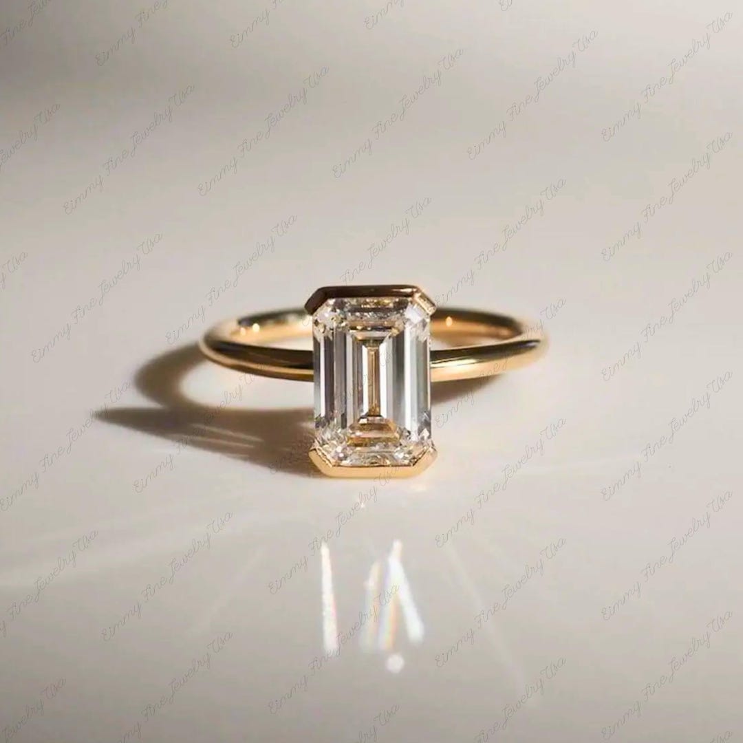 Half Bezel Set 2 CT Emerald Cut Moissanite Engagement Ring, 14K Solid ...