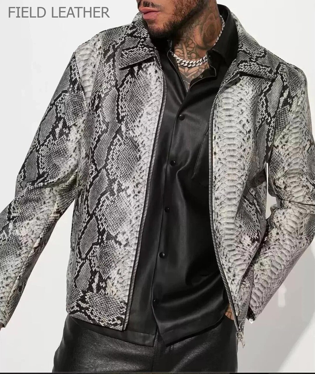 Men's Gothic Gray Exotic Snake Python Print on Genuine Lamb Leather ...