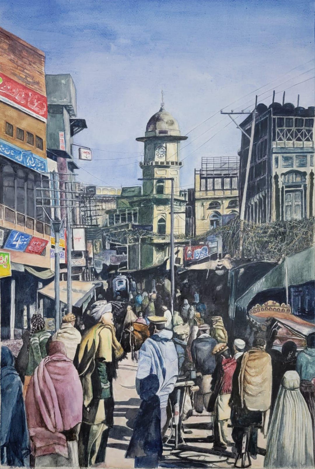 Old Peshawar – Bazaar and Clock Tower Painting - Etsy