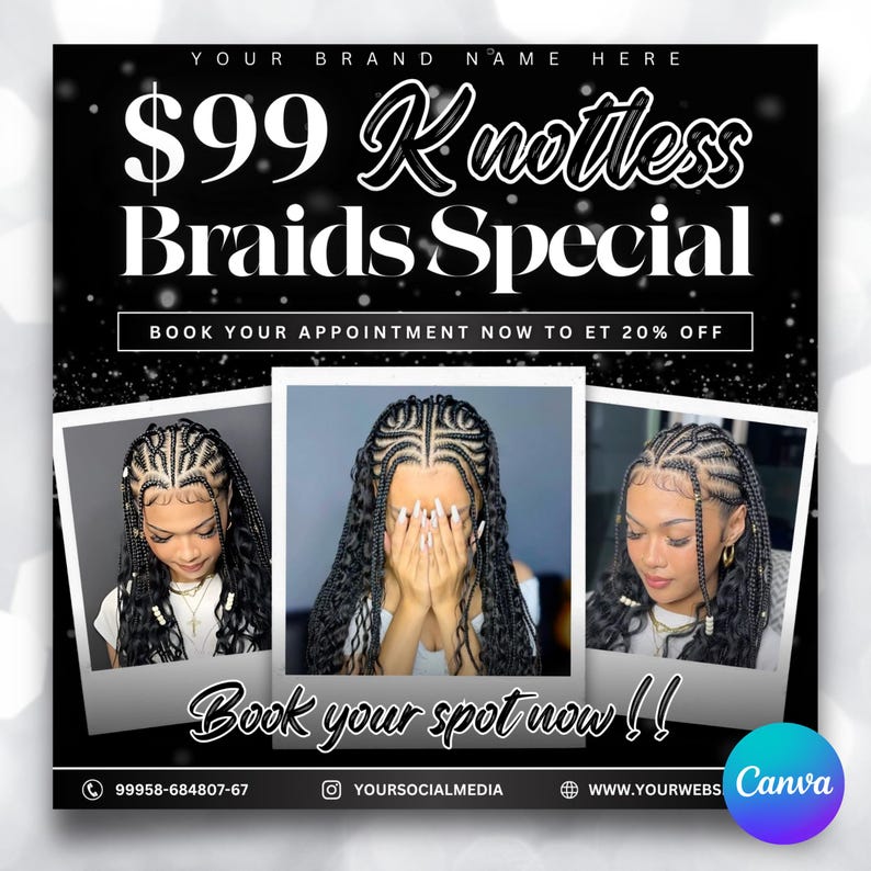 Knotless Braids Flyer Template: Braids Pricelist, Special Deals (canva ...