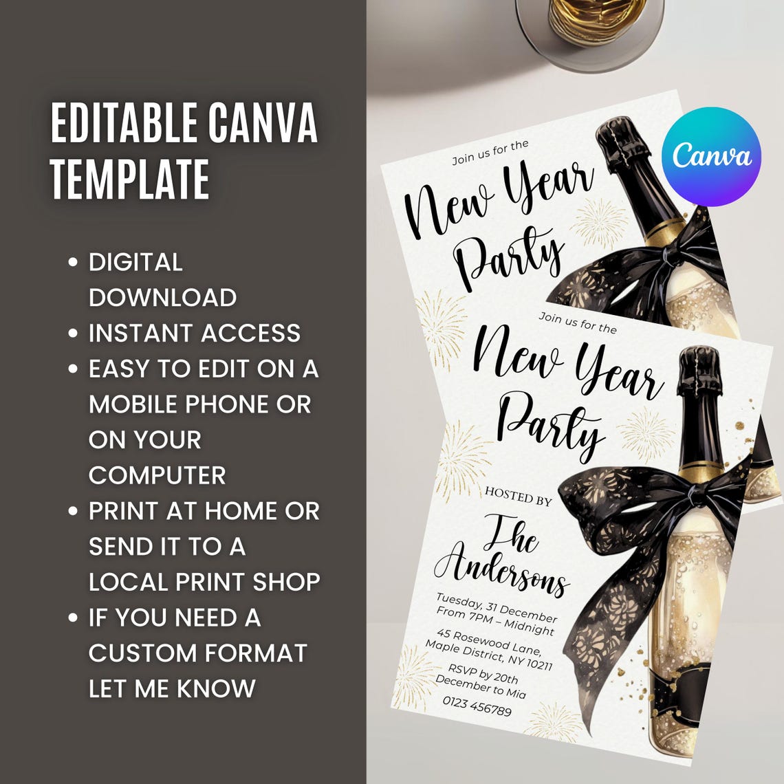 New Year's Eve Party Invitation Template, Champagne Theme NYE Invite ...
