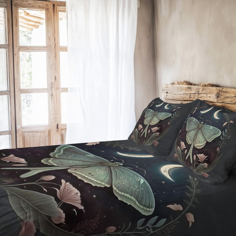 Celestial Luna Moth Bedding Set, Mystical Moon & Botanical Garden Decor ...