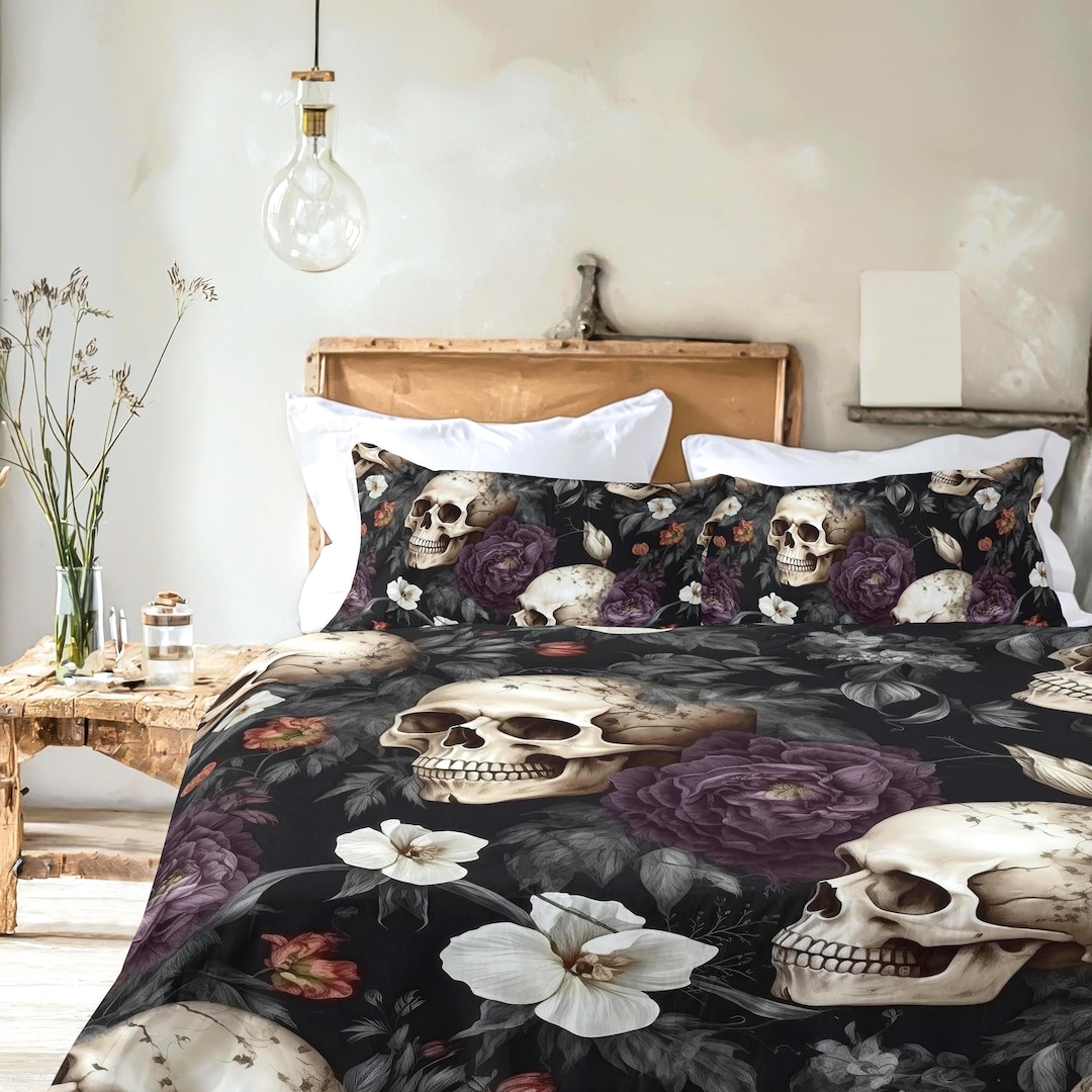 Dark Cottagecore Bedding Set, Gothic Floral Decor, Skull Witchy ...