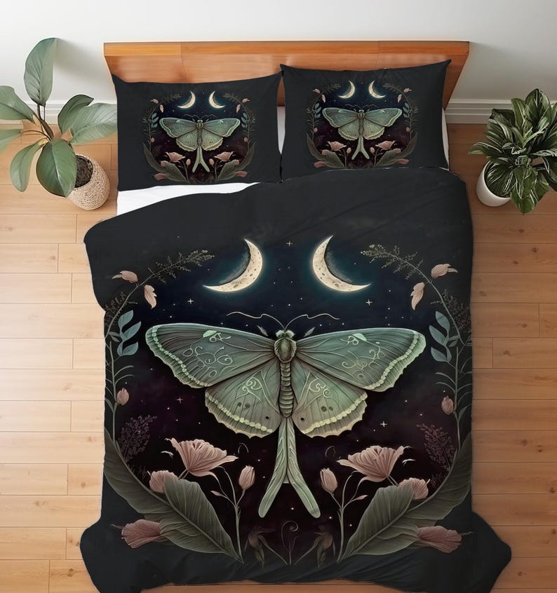 Celestial Luna Moth Bedding Set, Mystical Moon & Botanical Garden Decor ...
