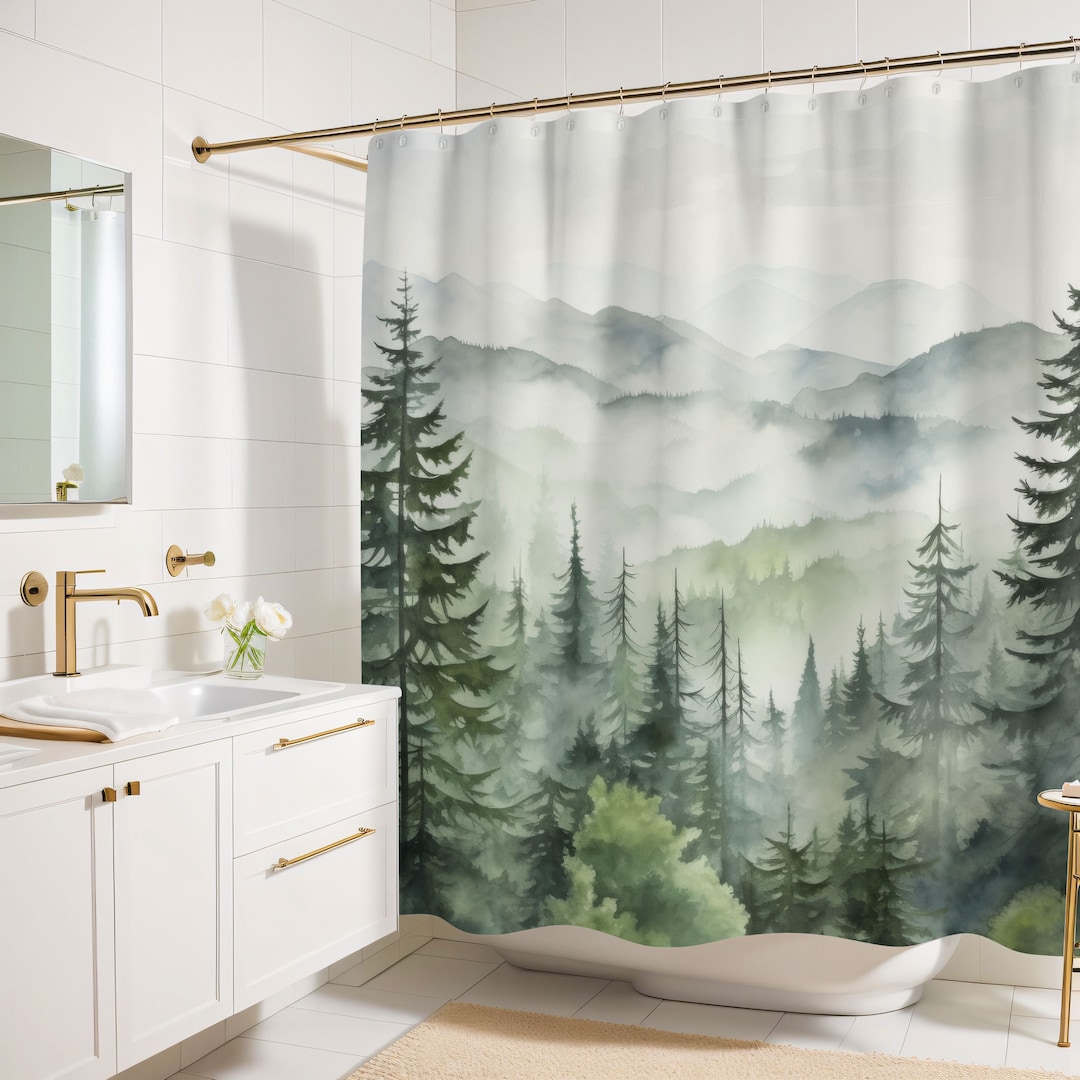 Misty Forest Mountain Shower Curtain, Forest Bathroom Decor, Interior ...