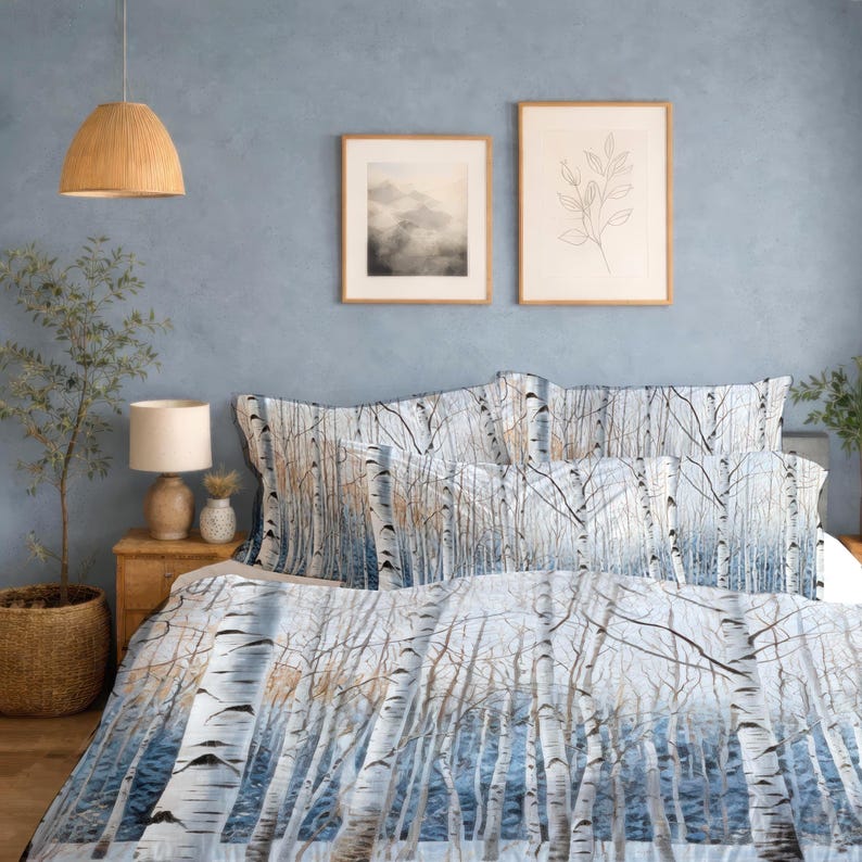 Serene Birch Forest Bedding Set, North Woods Snowy Woodland Cabin Decor ...