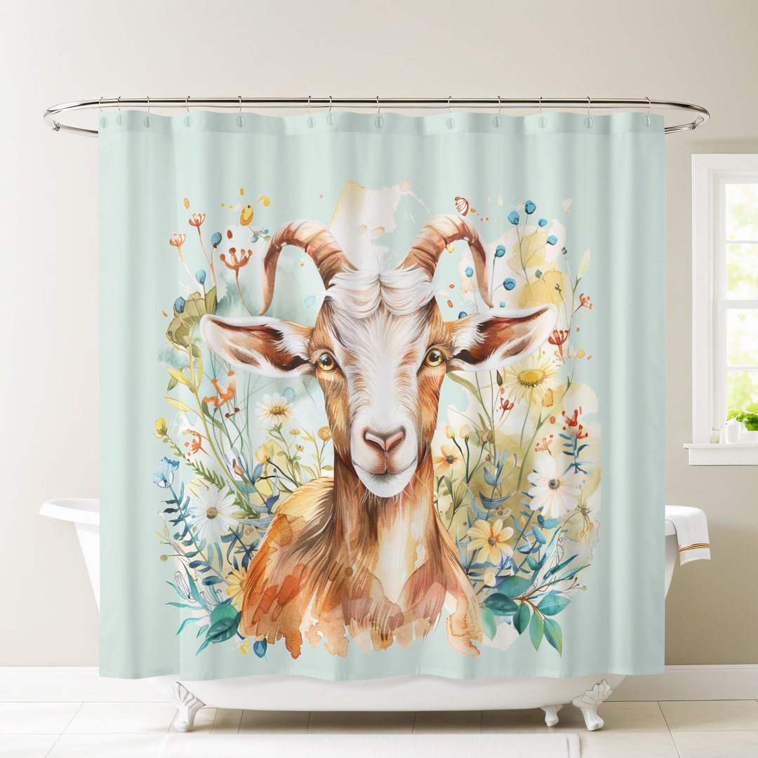 Goat in Wildflowers Shower Curtain, Farmhouse Cottage Bathroom Decor ...