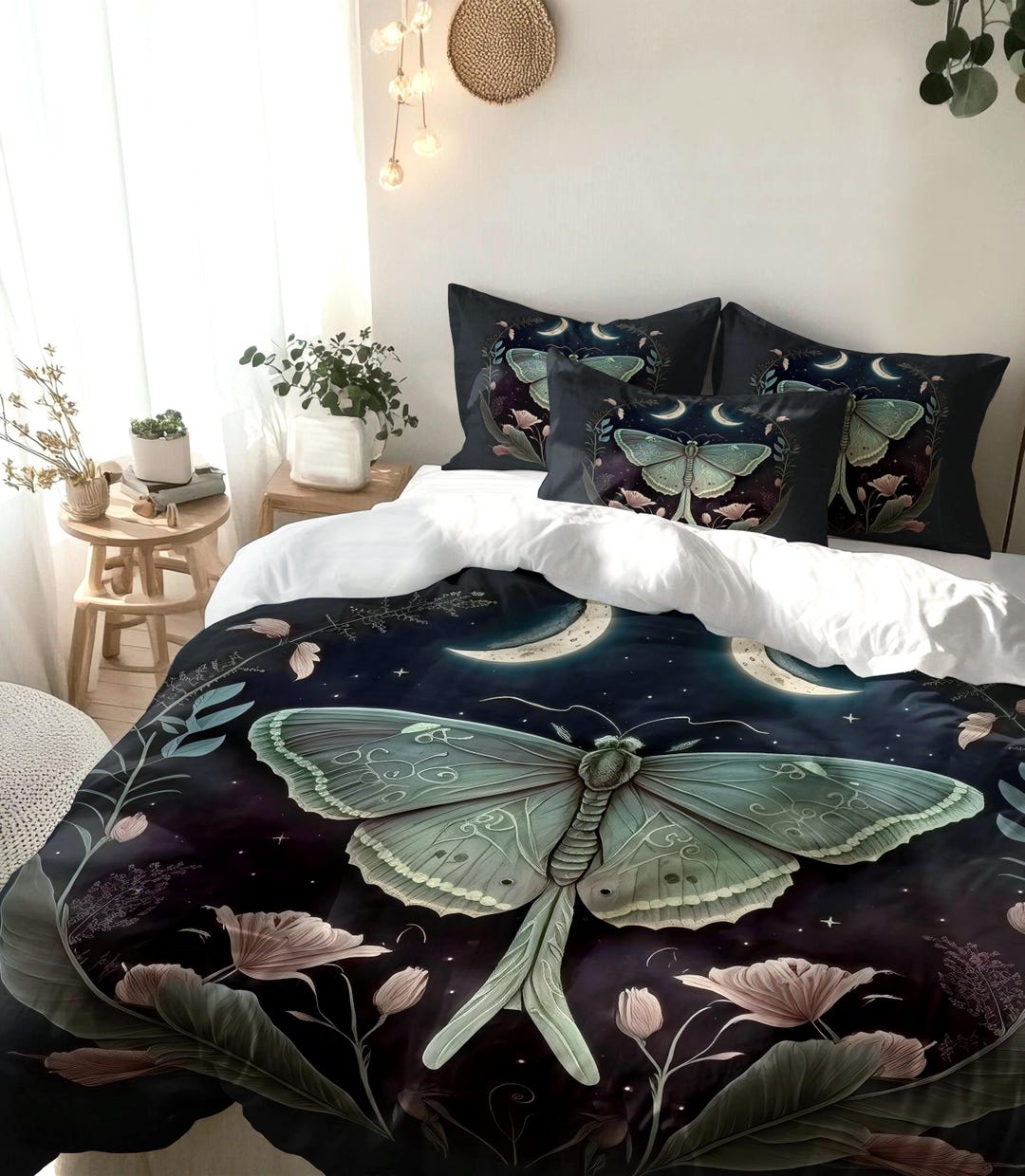 Celestial Luna Moth Bedding Set, Mystical Moon & Botanical Garden Decor ...
