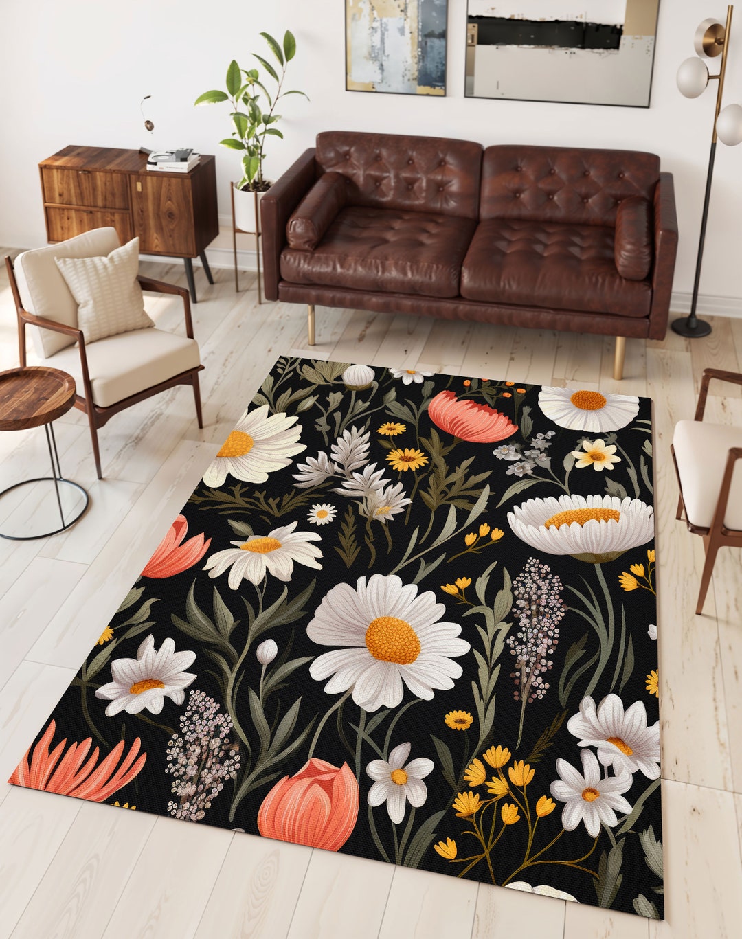 Boho Cottagecore Black Floral Area Rug Carpet, Beautiful Flower Rug ...