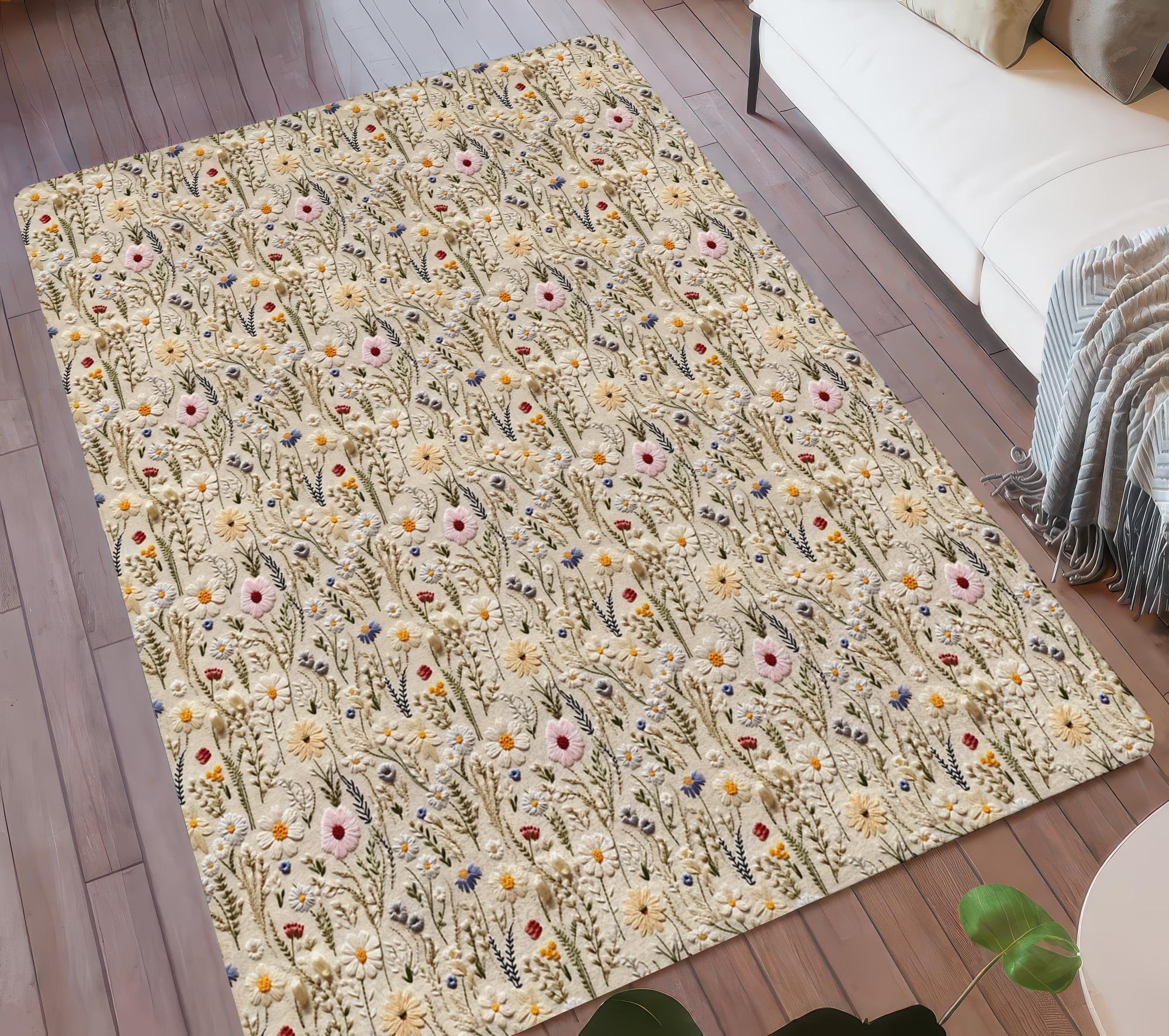 Wildflower Meadow Area Rug With 3D Effect, Cottagecore Botanical Floor ...