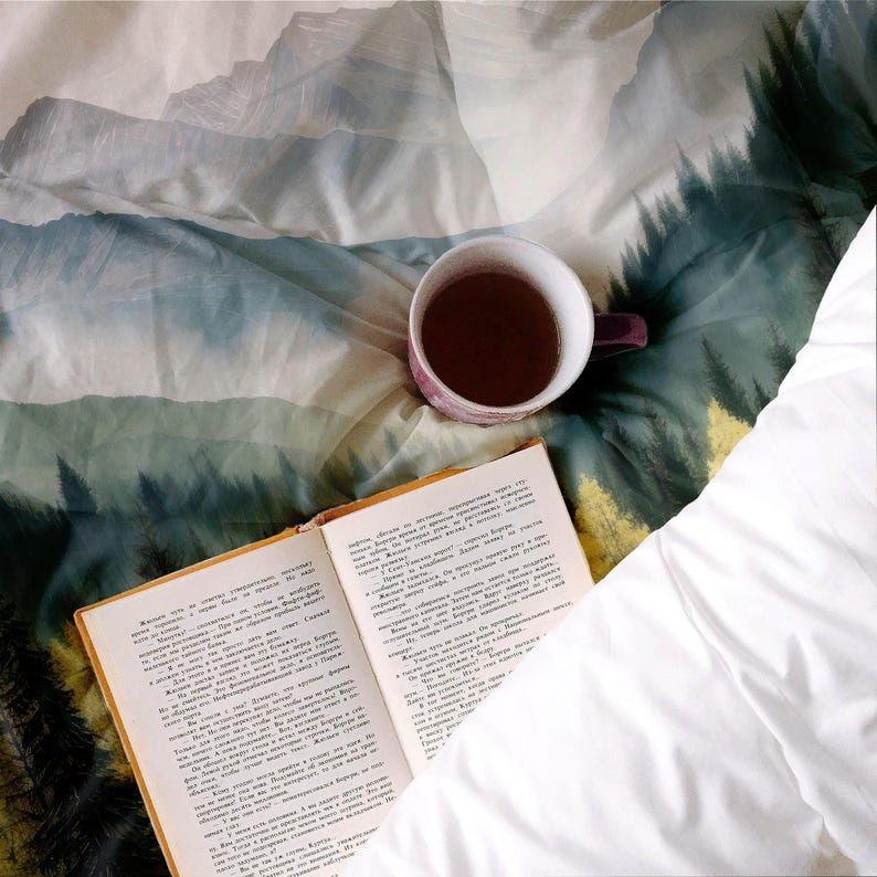 Juego de cama de montaña con bosque brumoso, decoración de cabaña de ...