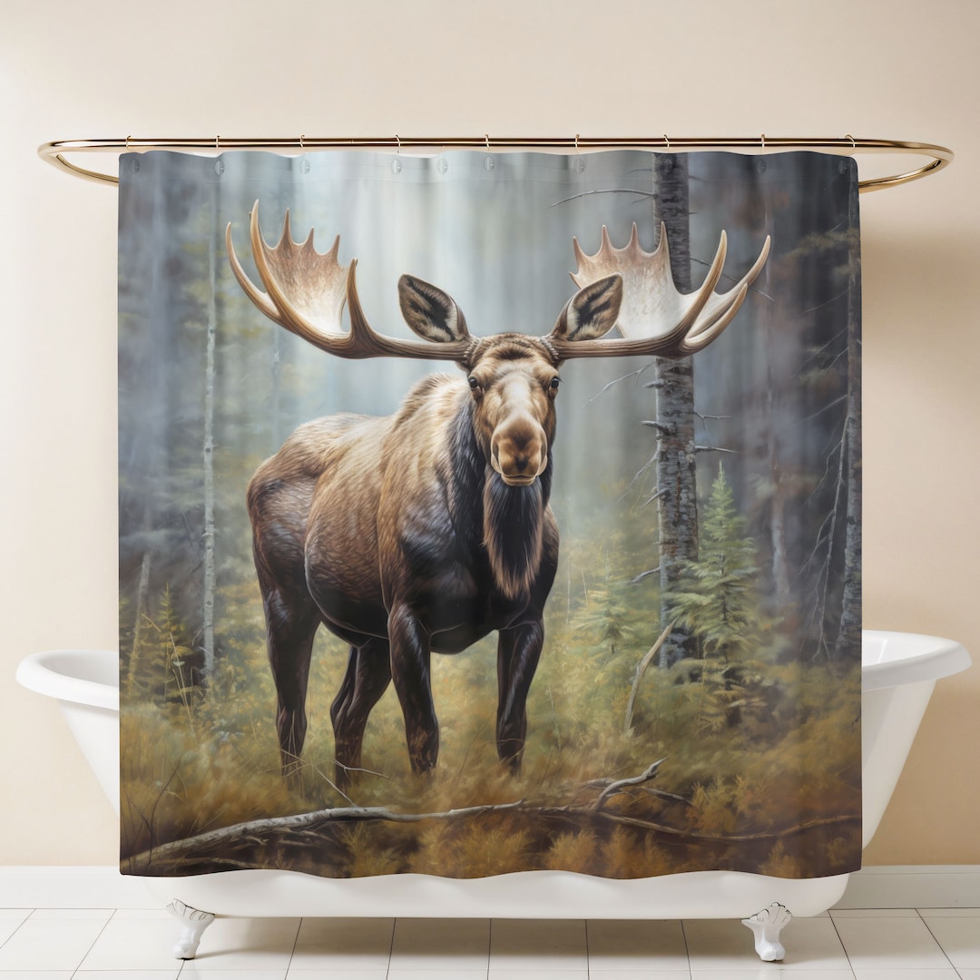Moose Shower Curtain, Forest Bathroom Decor, Luxury Weighted Shower ...