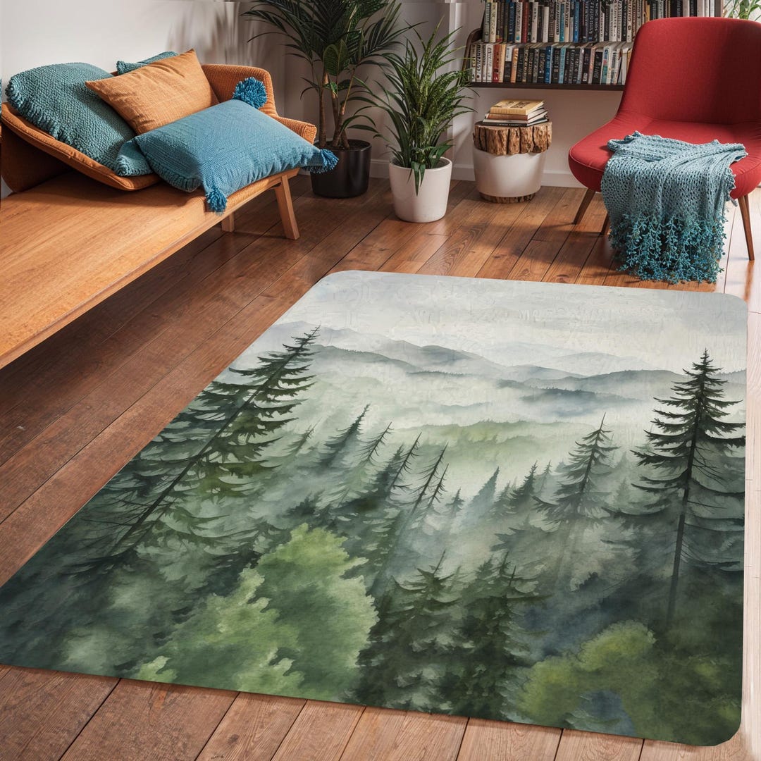 Misty Mountain Forest Area Rug Carpet, Beautiful Landscape Rug, Elegant ...