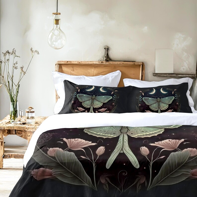 Celestial Luna Moth Bedding Set, Mystical Moon & Botanical Garden Decor ...