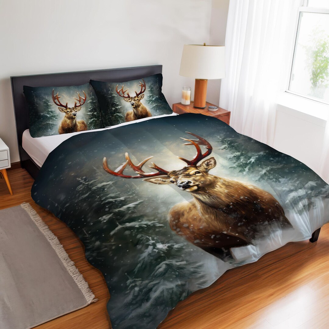 Majestic Stag Winter Forest Bedding Set, Snowy Night Wildlife Decor ...