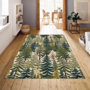 Enchanting Pine Forest Area Rug, Rustic Cabin Decor Flat Carpet, Low ...