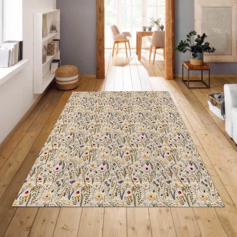Wildflower Meadow Area Rug With 3D Effect, Cottagecore Botanical Floor ...