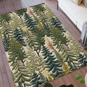Enchanting Pine Forest Area Rug, Rustic Cabin Decor Flat Carpet, Low ...