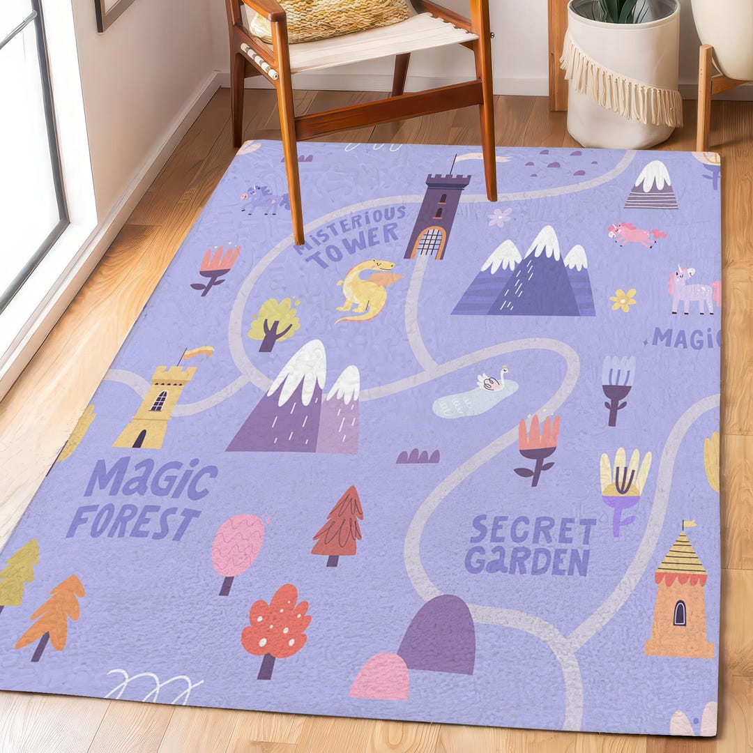 Fairytale Adventure Map Rug Carpet Kids Play Mat With Castles, Dragons ...