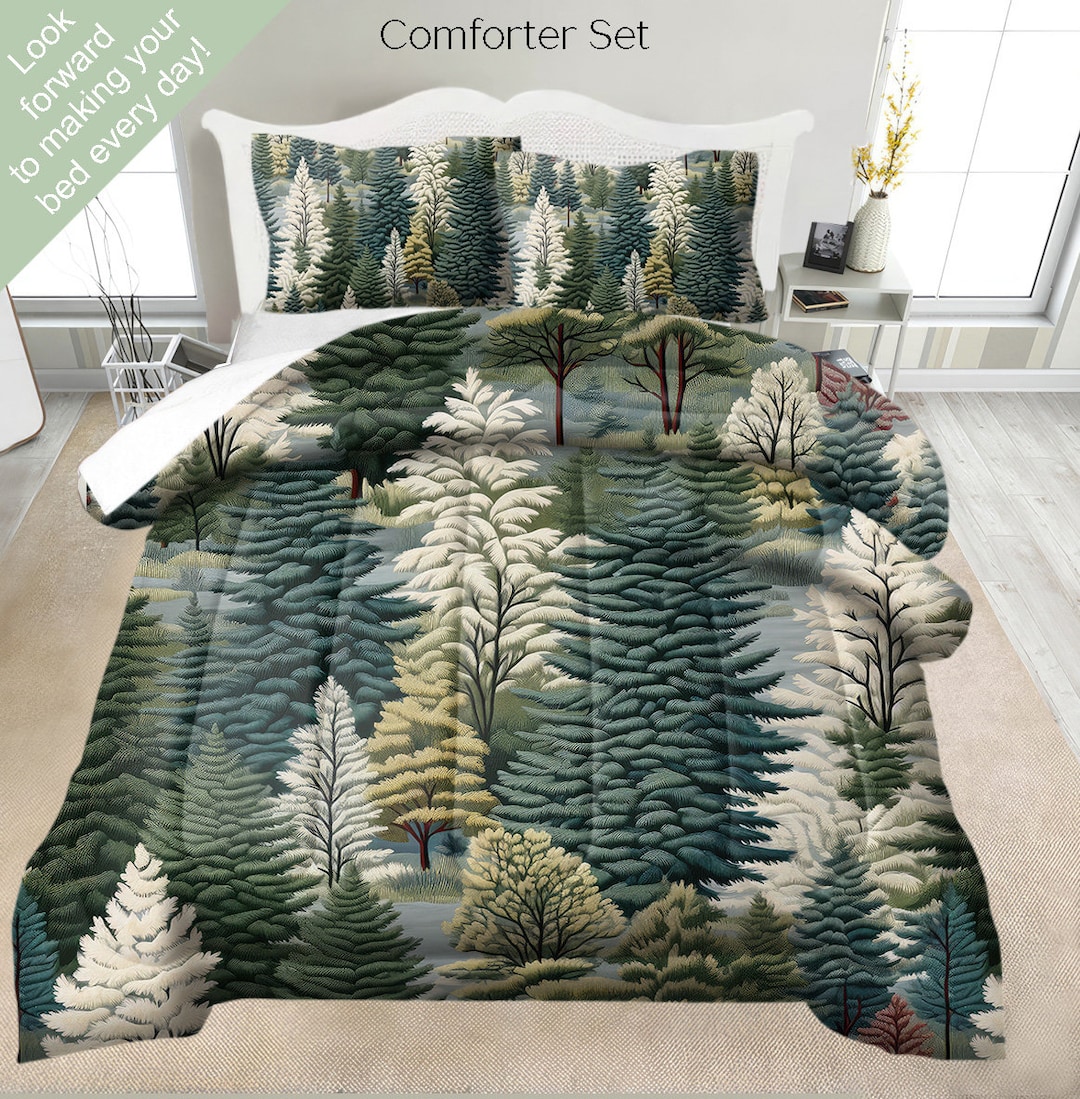 Pine Forest Faux Needlepoint Bedding Set, Duvet Set, Comforter Set or ...