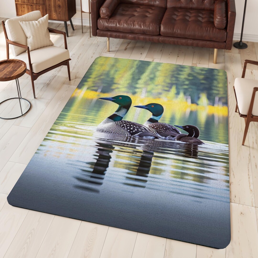 Majestic Loon Family Area Rug, Calm Lake Wildlife Carpet, Rustic Cabin ...