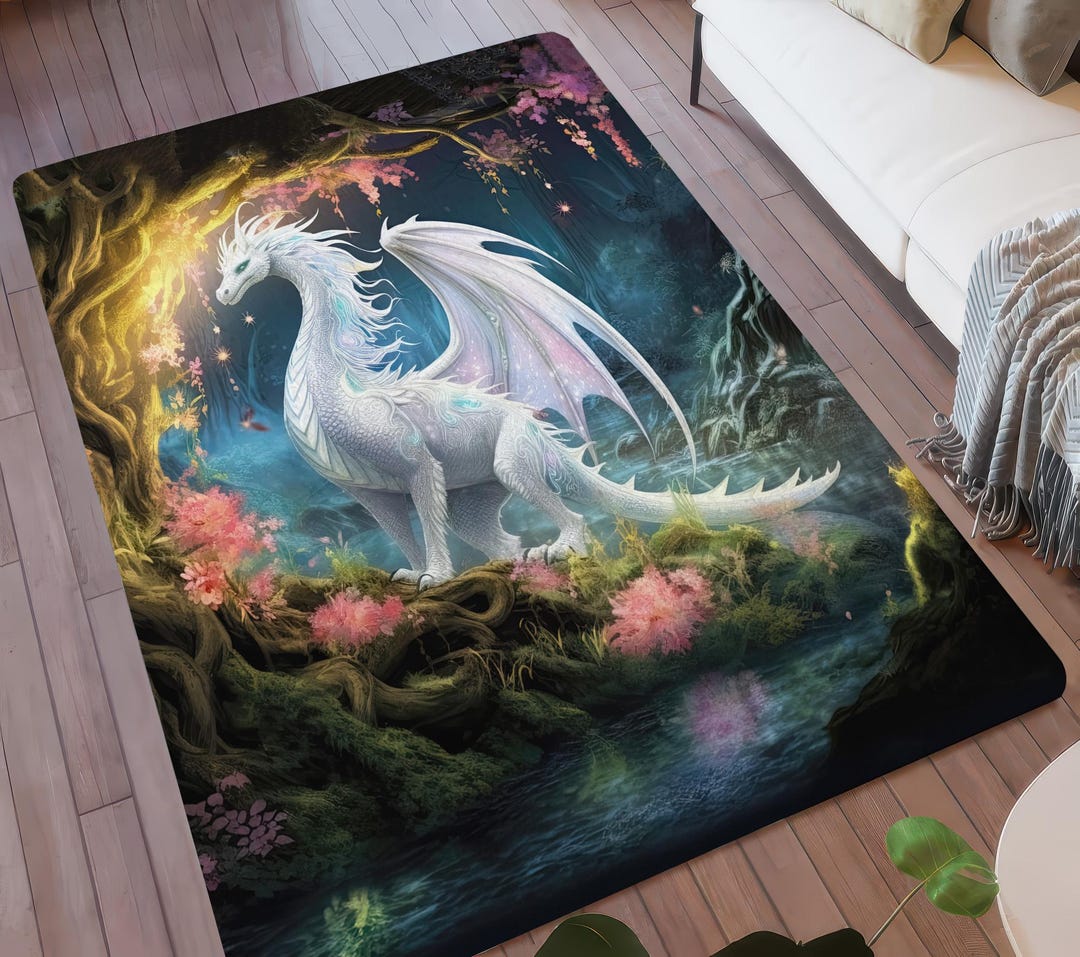 Majestic White Dragon Area Rug, Enchanted Forest Fantasy Decor, Fantasy ...
