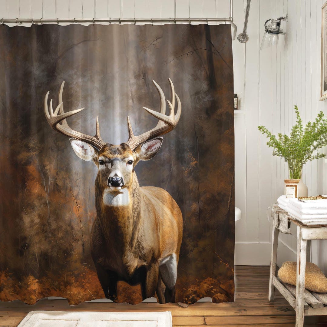 Rustic Whitetail Buck Shower Curtain, Autumn Forest & Deer Decor ...