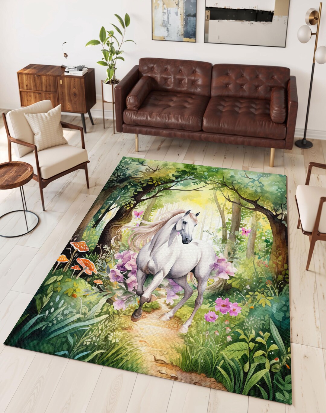 Enchanted Forest Horse Area Rug Carpet, Beautiful Watercolor Forest Rug ...