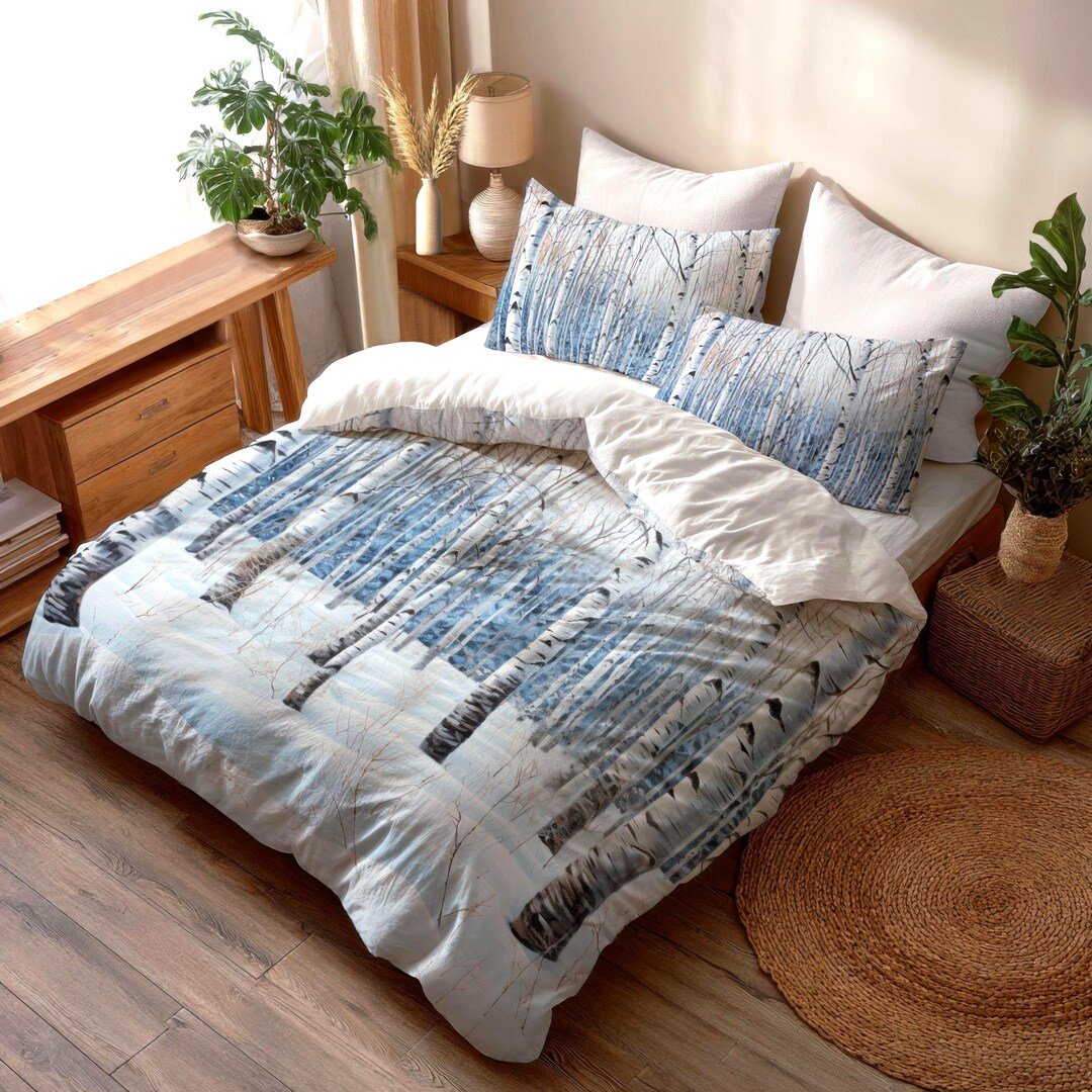 Serene Birch Forest Bedding Set, North Woods Snowy Woodland Cabin Decor ...
