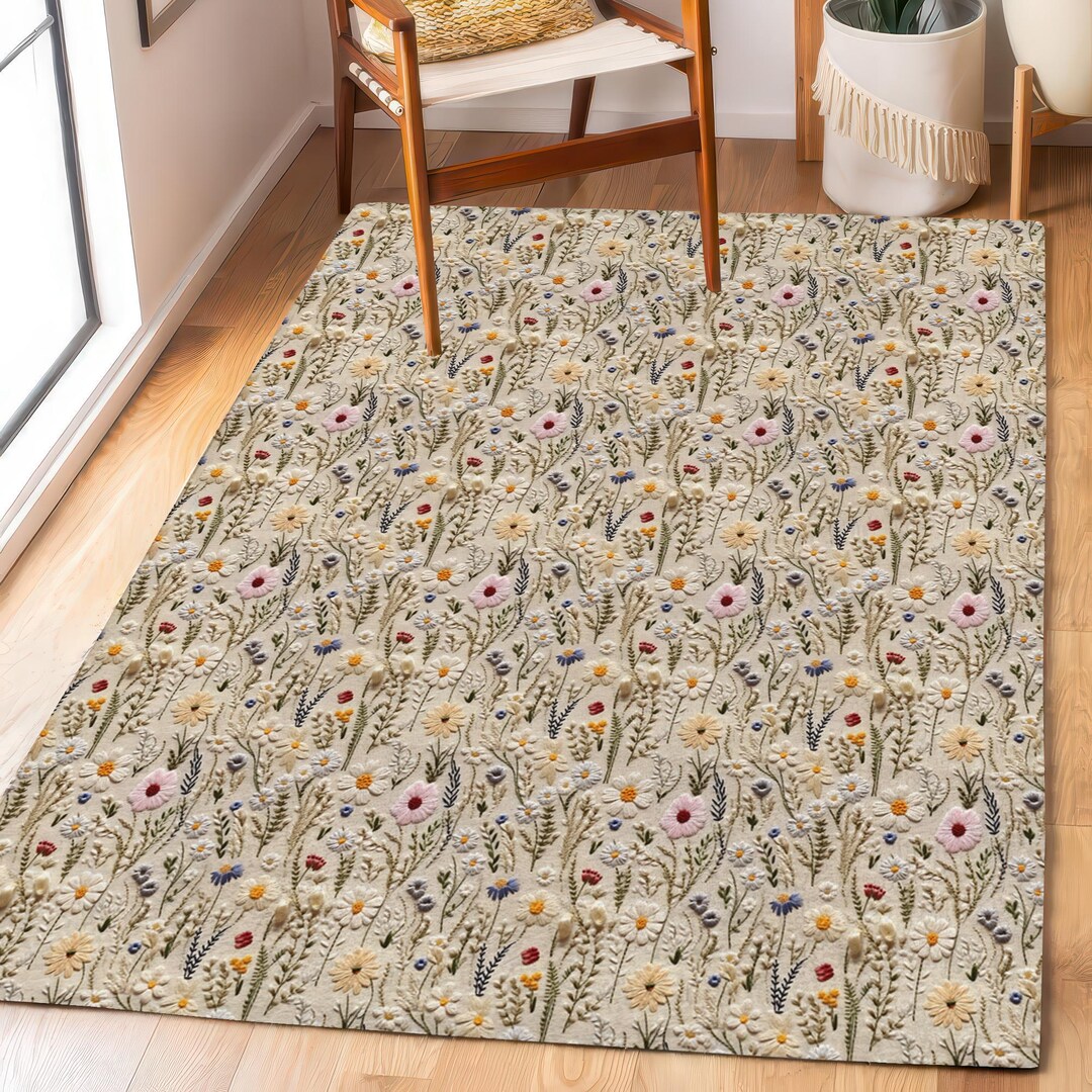 Wildflower Meadow Area Rug With 3D Effect, Cottagecore Botanical Floor ...