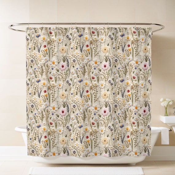 Boho Shabby Chic Floral Wildflower Shower Curtain Embroidered Effect NOT Embroidered Cottage Bathroom Decor Fabric Weighted Shower Curtain Etsy