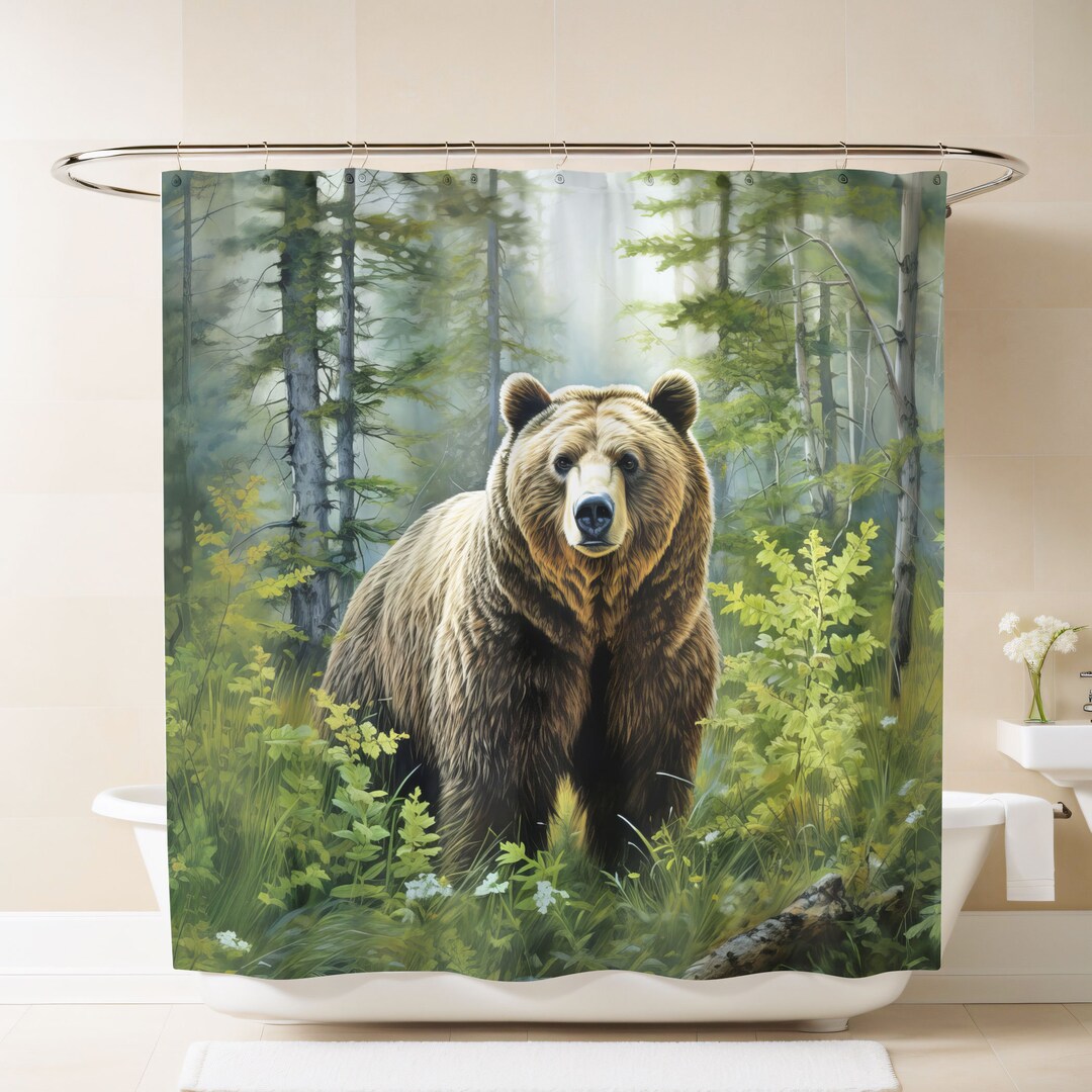 Grizzly Bear Shower Curtain, Bear Forest Bathroom Decor, Luxury ...