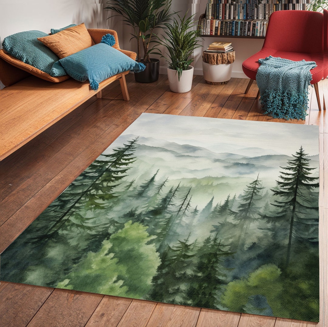 Misty Mountain Forest Area Rug Carpet, Beautiful Landscape Rug, Elegant ...