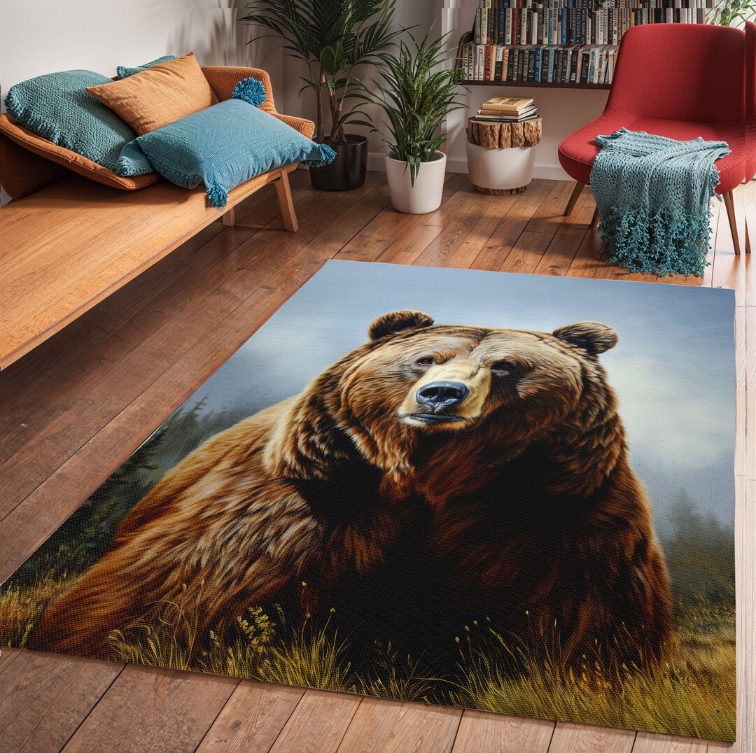 Grizzly Bear Area Rug, Original Bear Art, Bear Decor Carpet, Rustic Rug ...