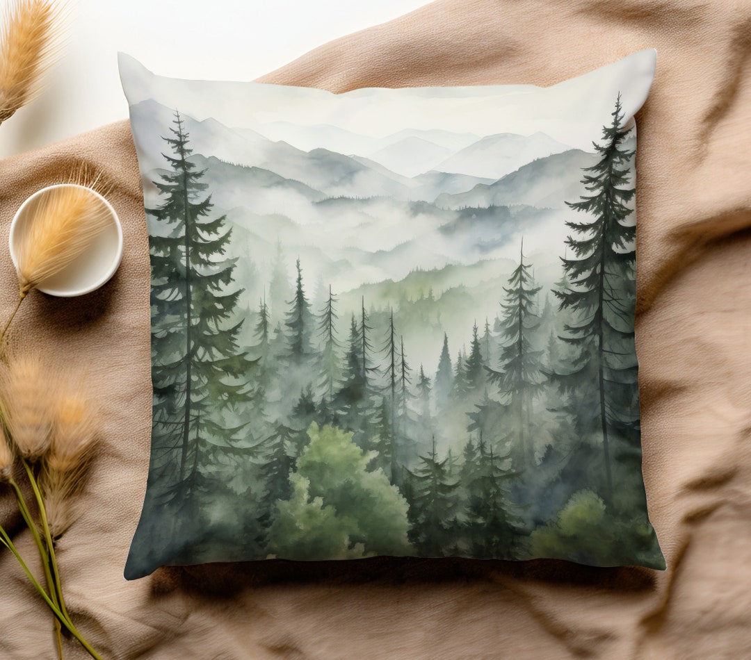 Misty Forest Mountain Pillow Cover, Pine Forest Throw Accent Pillow ...