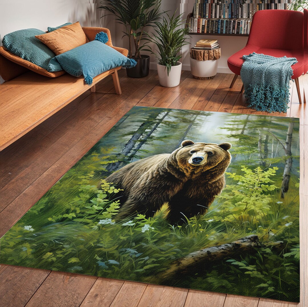 Grizzly Bear Area Rug, Original Bear Art, Bear Decor Carpet, Rustic Rug ...