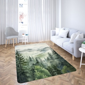 Misty Mountain Forest Area Rug Carpet, Beautiful Landscape Rug, Elegant ...