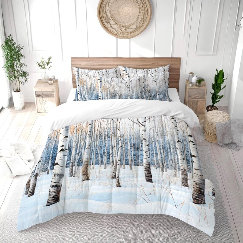 Serene Birch Forest Bedding Set, North Woods Snowy Woodland Cabin Decor ...