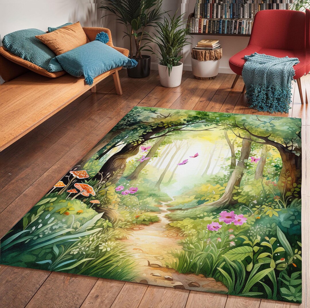 Enchanted Forest Area Rug Carpet, Beautiful Watercolor Forest Rug ...