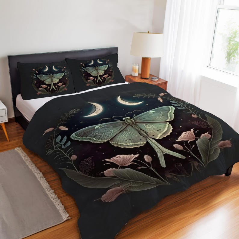 Celestial Luna Moth Bedding Set, Mystical Moon & Botanical Garden Decor ...
