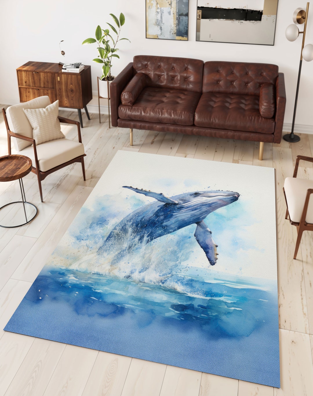 Blue Whale Area Rug, Original Whale Art Carpet, Marine Life Decor ...