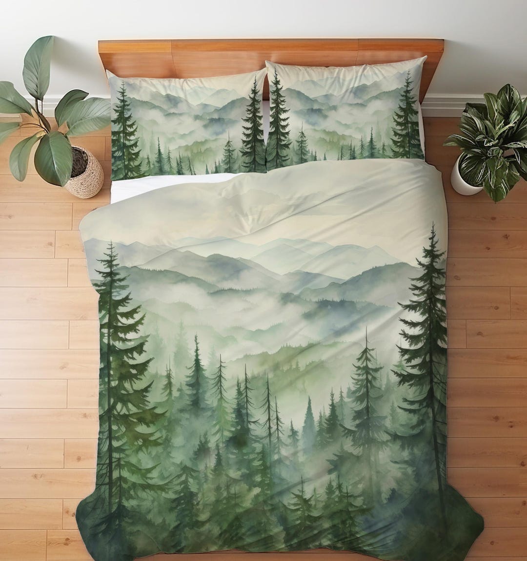 Vintage Misty Pine Forest Bedding Set, Mountain Bedding, Elegant Nature ...