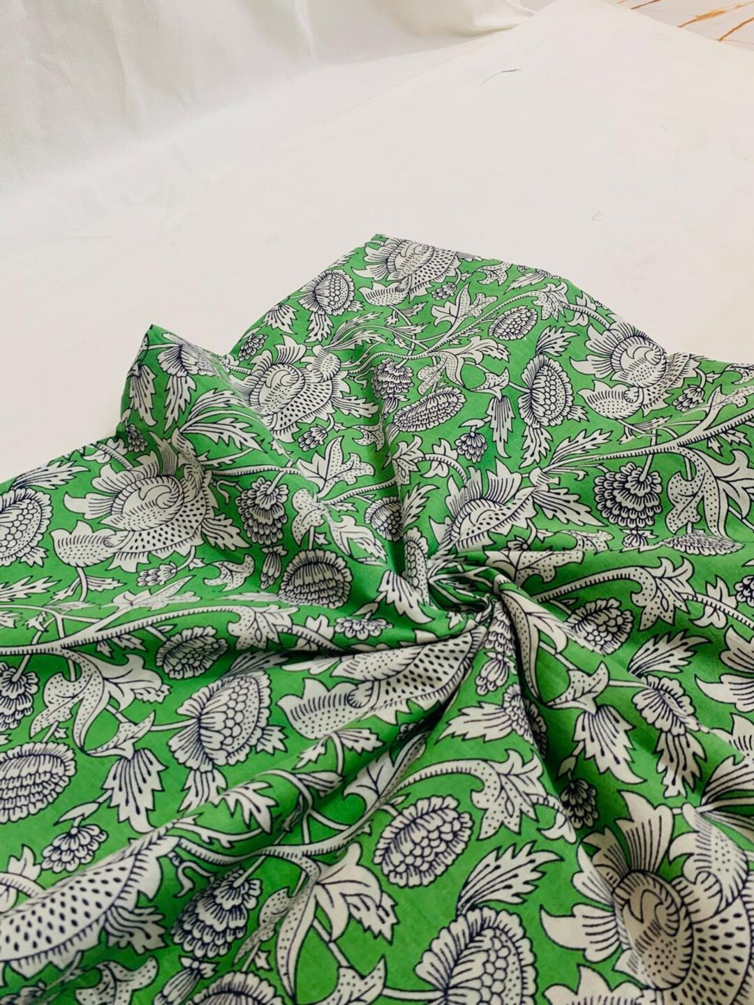 Indian Hand Block Green Coral Print, Soft Fabric by Meter, 100% Pure ...