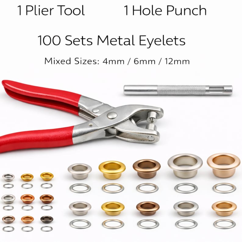 Metal Grommet Eyelet Plier Set With Hole Punch – 100 Sets 4mm 6mm 12mm ...