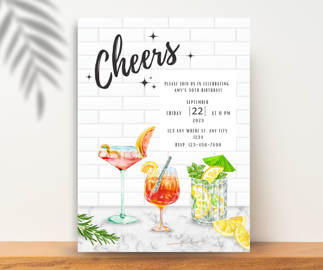 Editable Cocktail Birthday Invitation, Cheers, Digital Template Instant ...