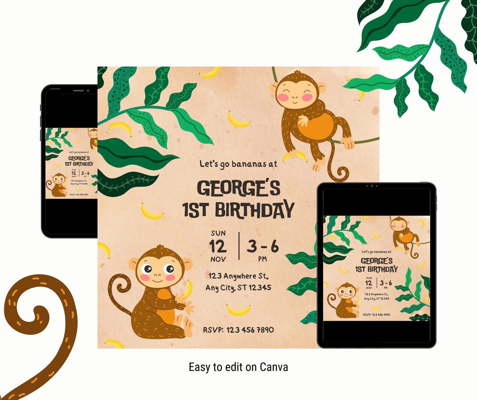 Editable Monkey in the Jungle Invitation, Let's Go Bananas, Kids ...