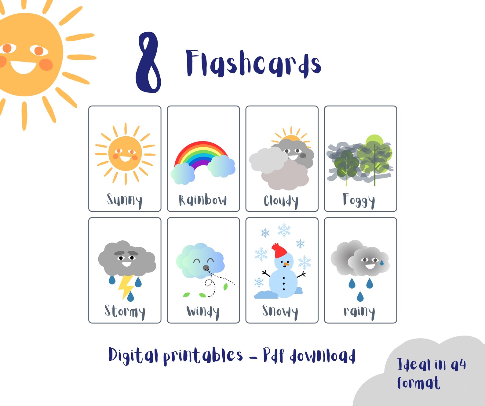 Children's Printable Weather Flashcards, PDF Download, 8 Flashcards - Etsy