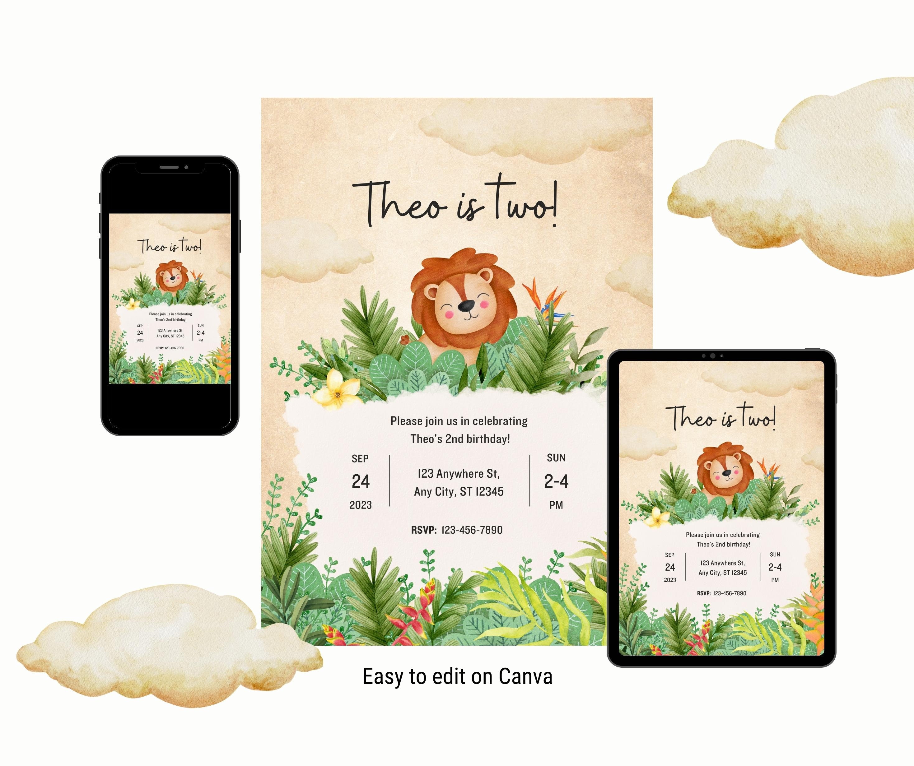 Editable Lion Birthday Invitation: Boho Jungle Theme (digital Template ...