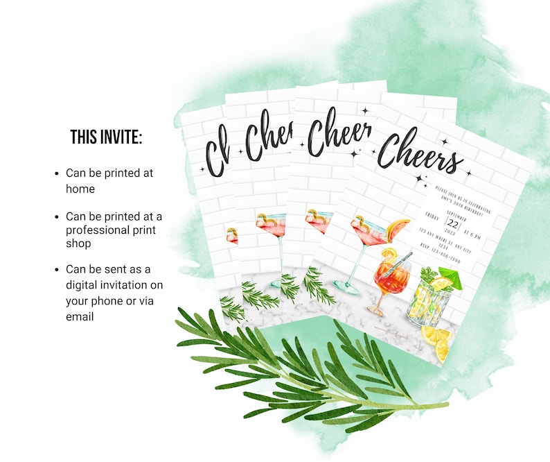 Editable Cocktail Birthday Invitation, Cheers, Digital Template Instant ...